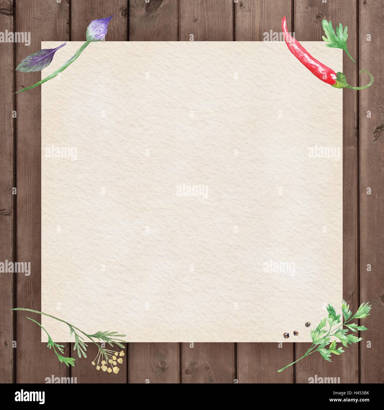 Wood table background with hand painted Vegetables and blank craft ...