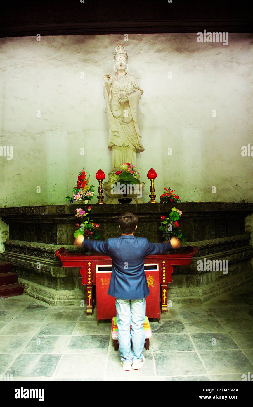 China, Suzhou, altar, statue, believer, back view, Asia, monastery ...
