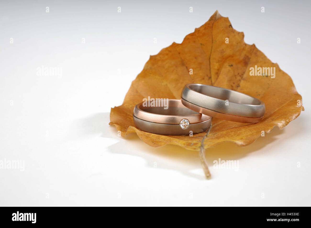 Wedding rings, leaves Stock Photo - Alamy
