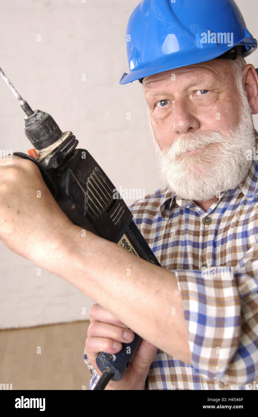 Craftsmen, full beard, white haired, helmet, gesture, drill, portrait ...
