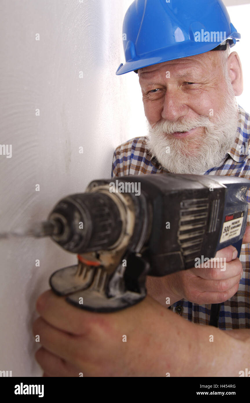 Craftsmen, full beard, white haired, helmet, gesture, drill, portrait ...