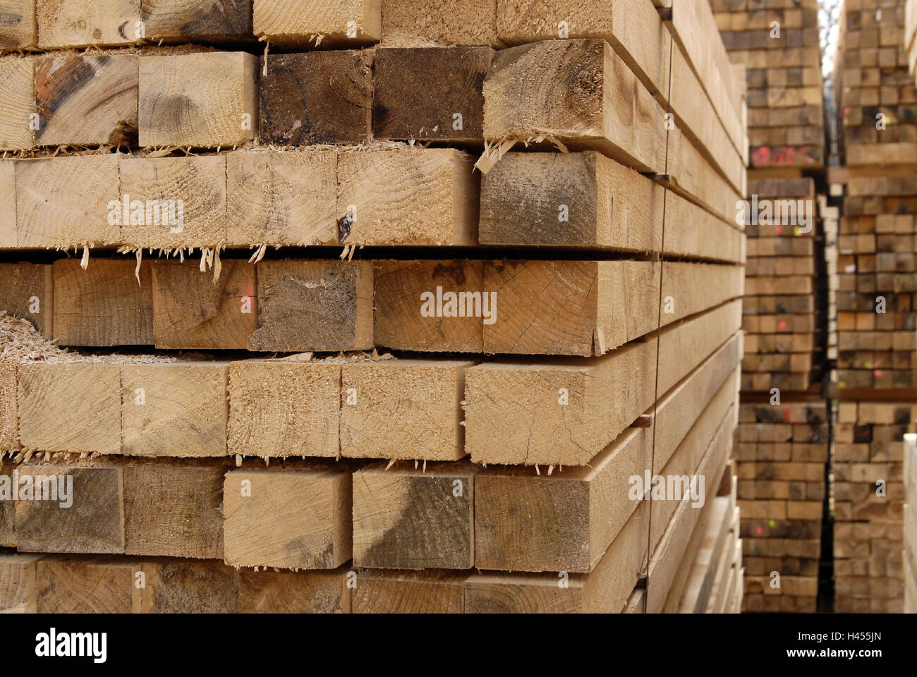 Saw mill, squared timber, stacked Stock Photo - Alamy