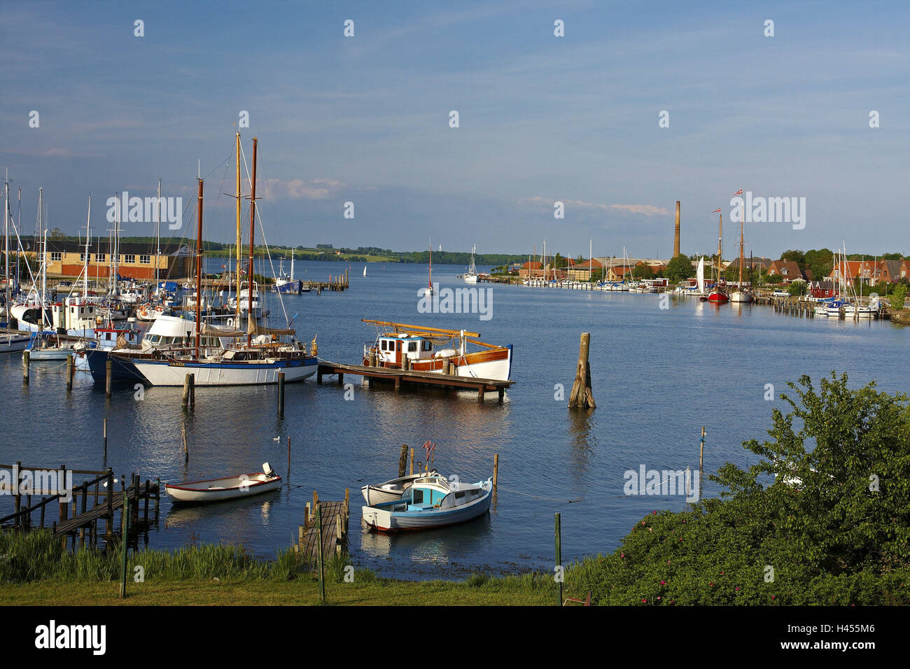 Denmark, Broager, fishing harbour, fishing trawler, sailboats, harbour ...