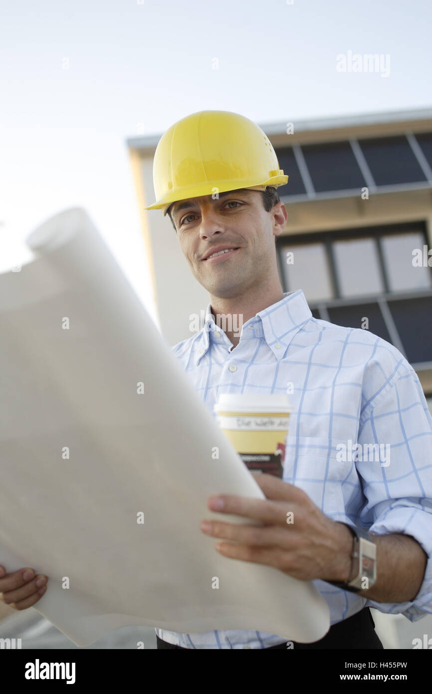 Architect, house, construction plan, outdoors, portrait Stock Photo - Alamy