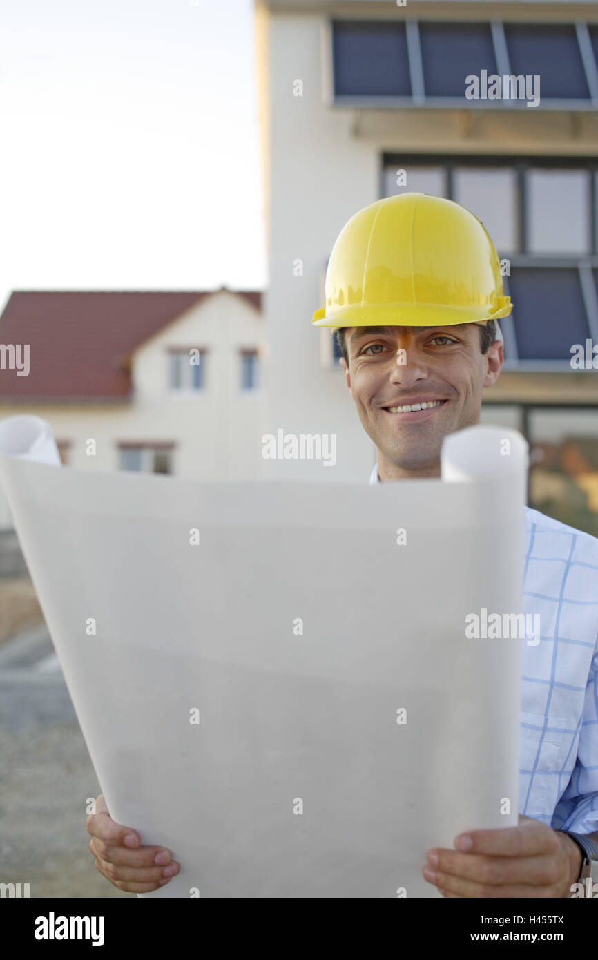 Architect, house, construction plan, outdoors, portrait Stock Photo - Alamy