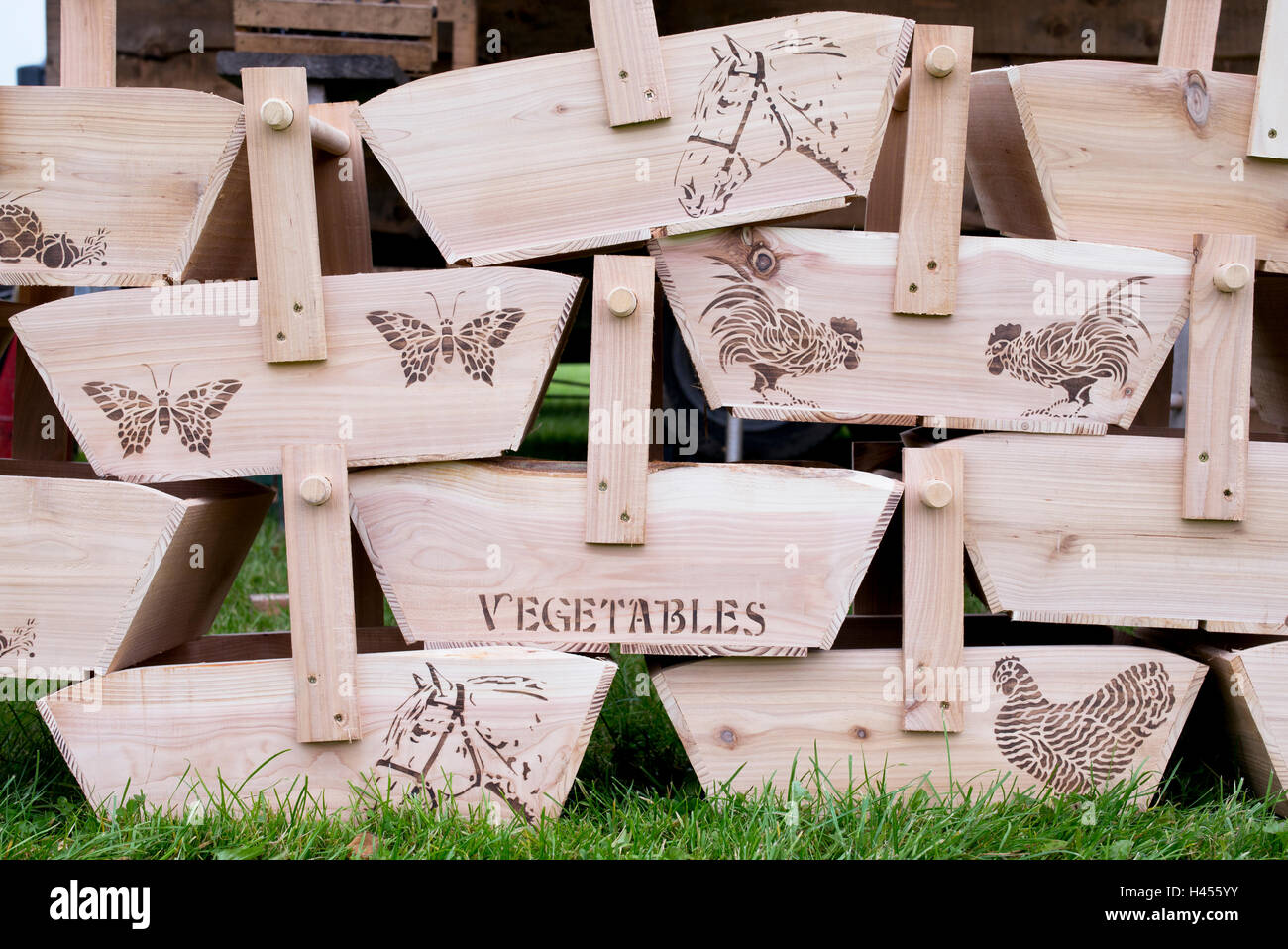 Stack of handmade wooden trugs at Weald and Downland open air museum ...