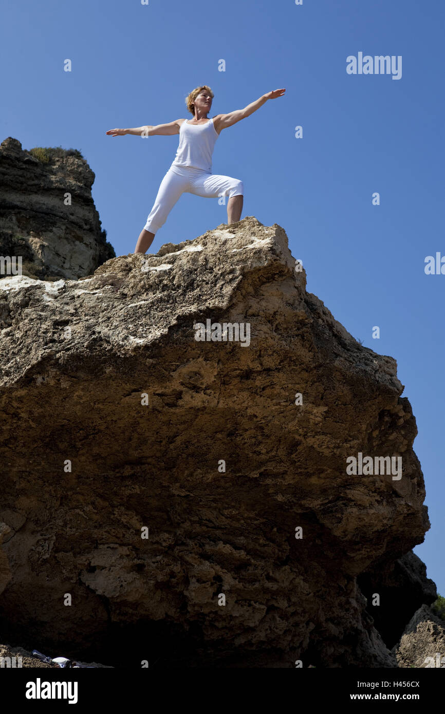 Greece, island Kefalonia, bile projection, woman, yoga practise Stock ...