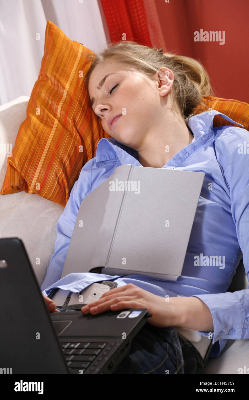 Teenagers, girls, laptop, book, couch, lie, fallen asleep Stock Photo ...