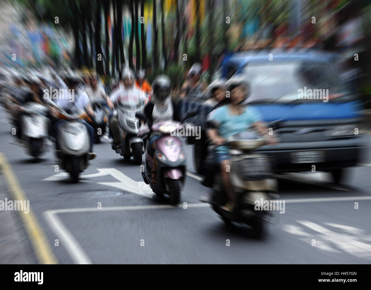 Street scene, traffic, motorcycles, blur, Taipeh, Taiwan Stock Photo ...