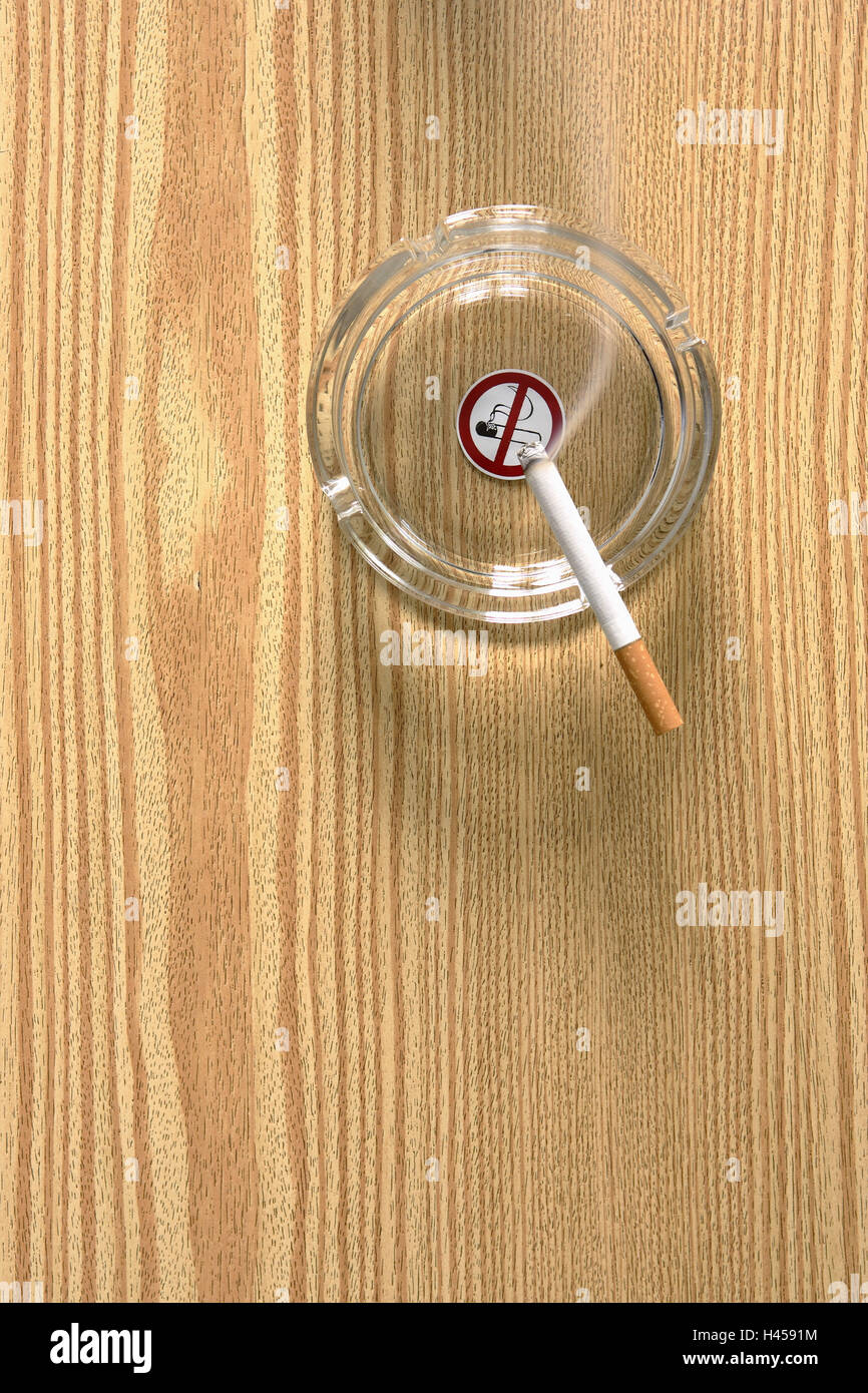 Wood table, ashtrays, pictogram, "Smoking, cigarette, prohibited ...