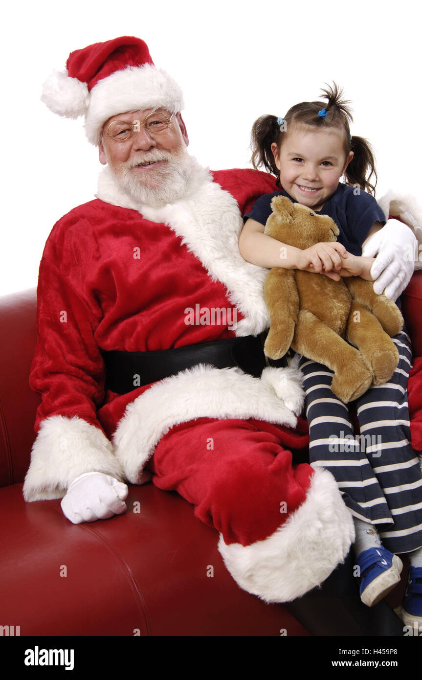 Santa Claus, smile, girls, Teddy, lap, sit, studio recording, man ...