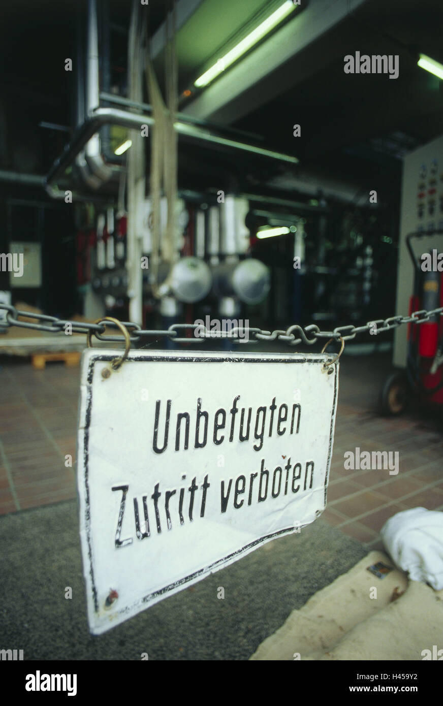 Machinery building, sign, no entry, blocking, catena, hall, machines ...