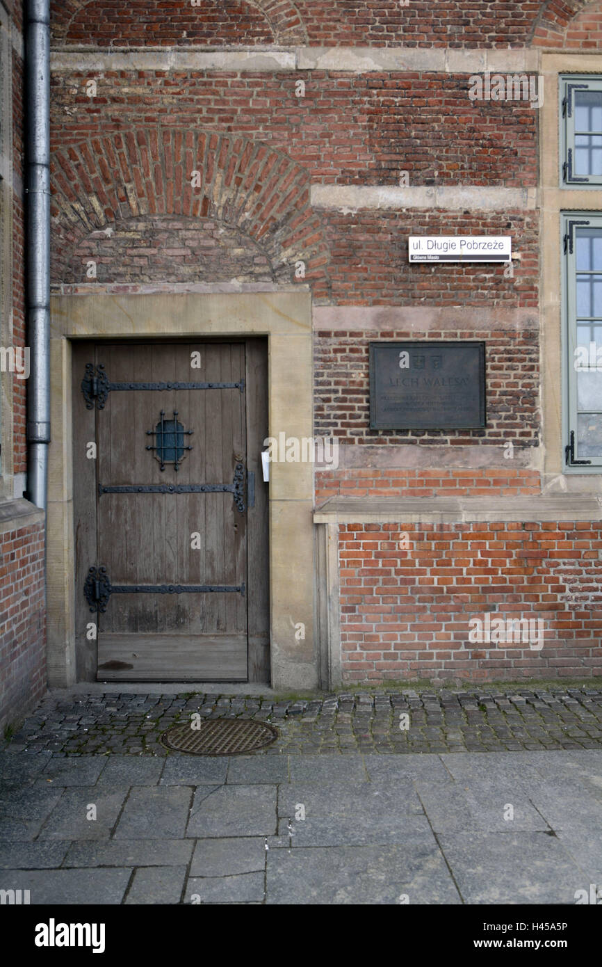 Poland, Gdansk, brick building, door, sign, detail, Gdansk, town ...