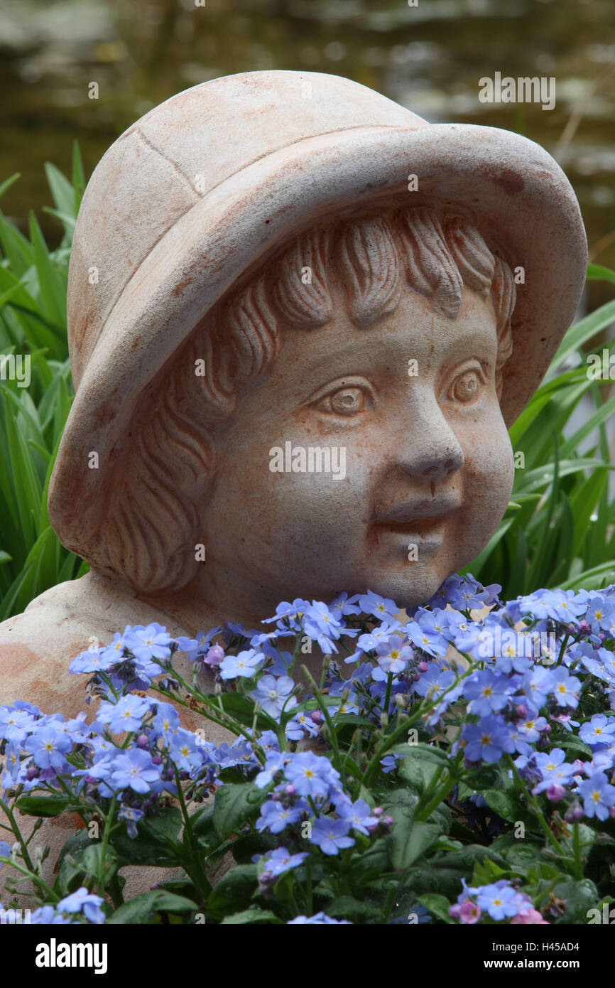 Garden figure, boy, forget-me-not, flowers, garden, figure, terracotta ...