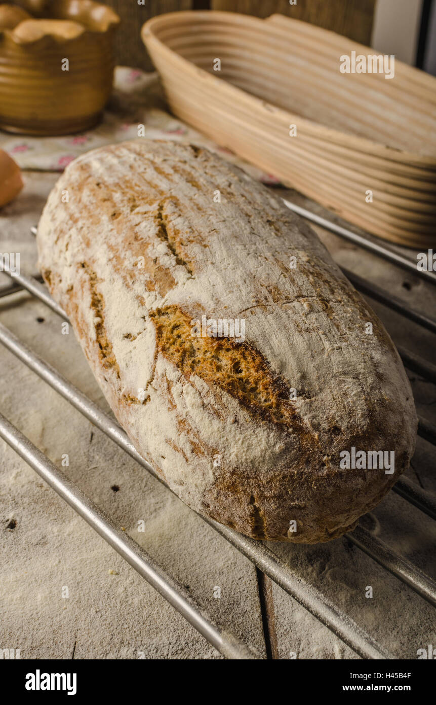 Homemade rustic bread, baked in oven, wheat leaven, breaded in a basket ...