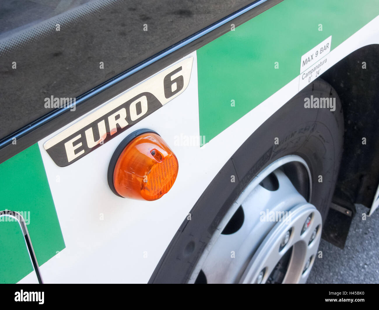 Euro 6 label on bus for urban transport Stock Photo - Alamy