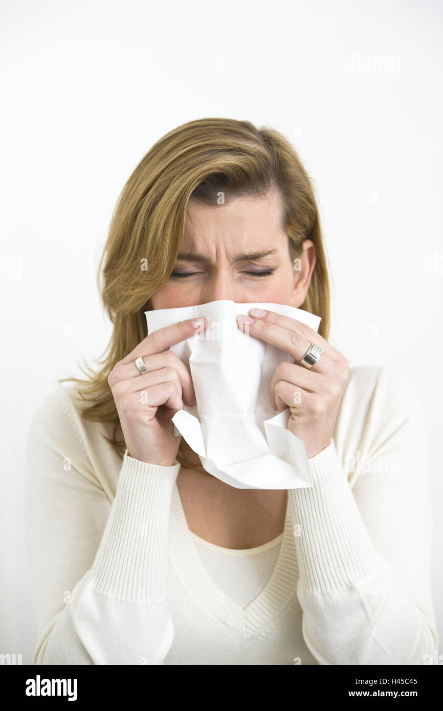Woman, cold, sneezing, handkerchief Stock Photo - Alamy