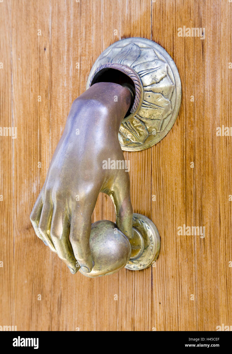 Door, detail, door doorknocker, hand, front door, Türzieher, metal ...