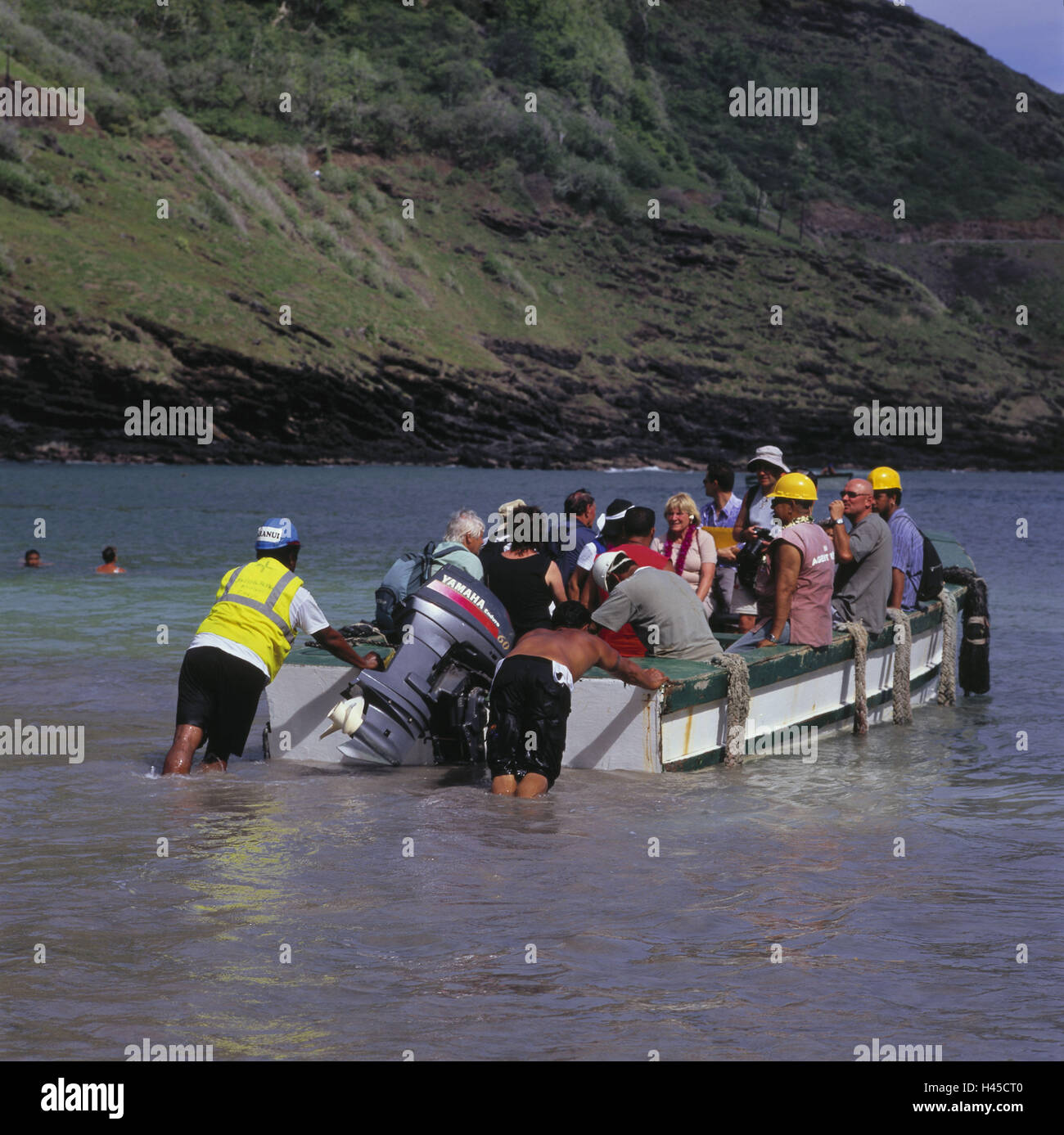 French Polynesia, Ua Huka, Baia Tu Hane, beach, motorboat, tourist ...