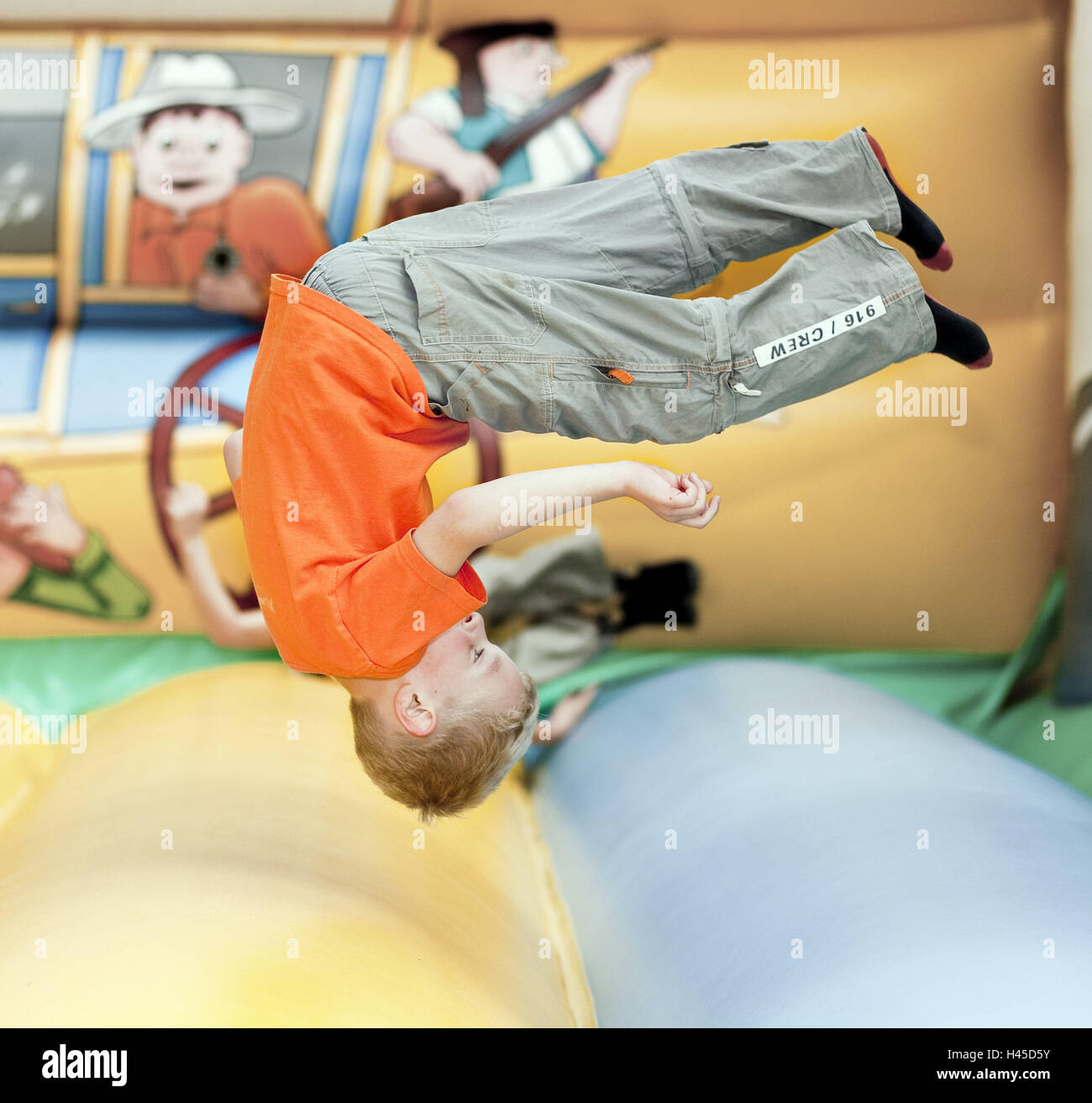 Boy, castle Hüpf, jump, somersault, model released, people, childhood ...