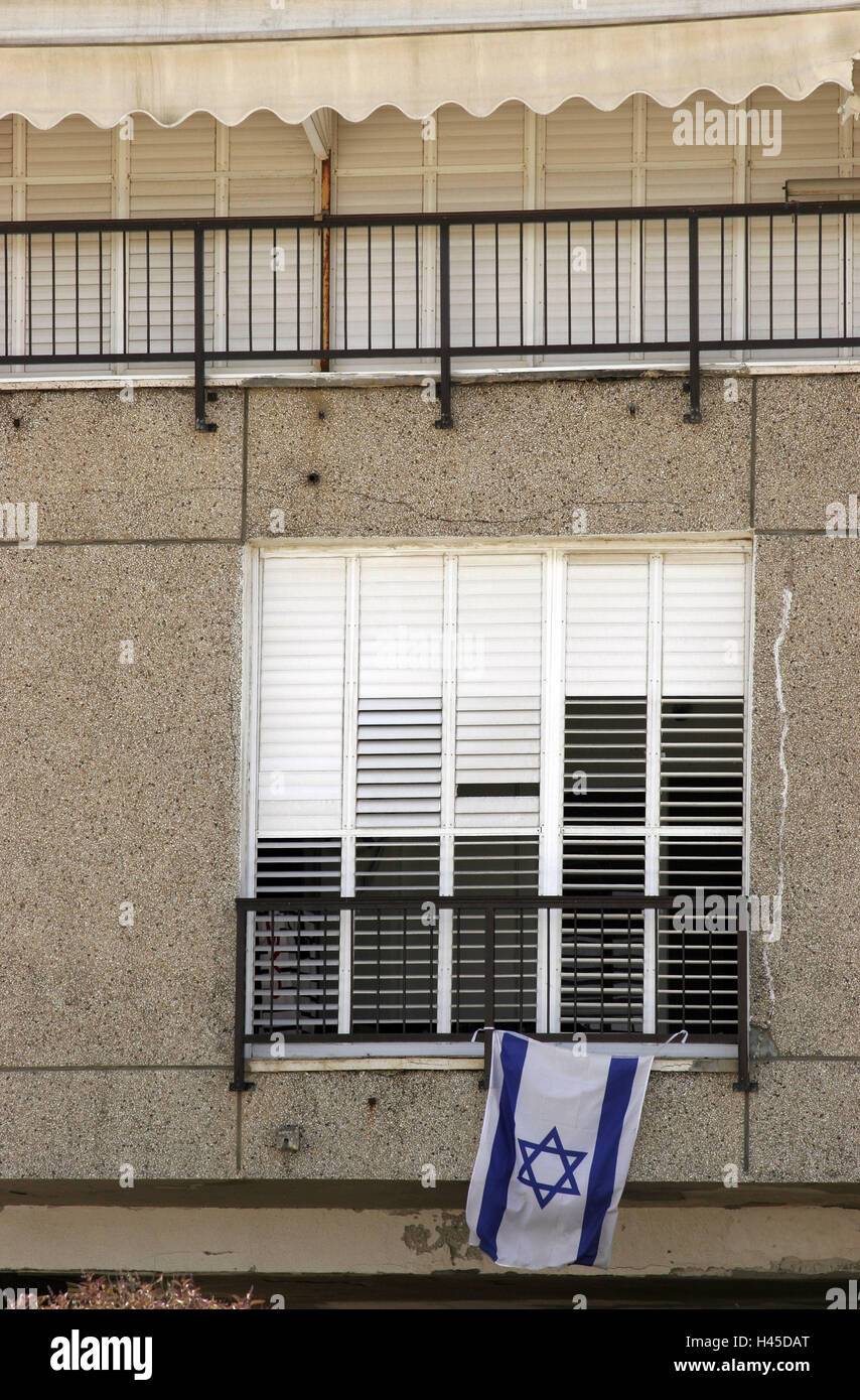 Israel, Tel Aviv, house, facade, detail, balcony, flag, Tel Aviv-Jaffa ...