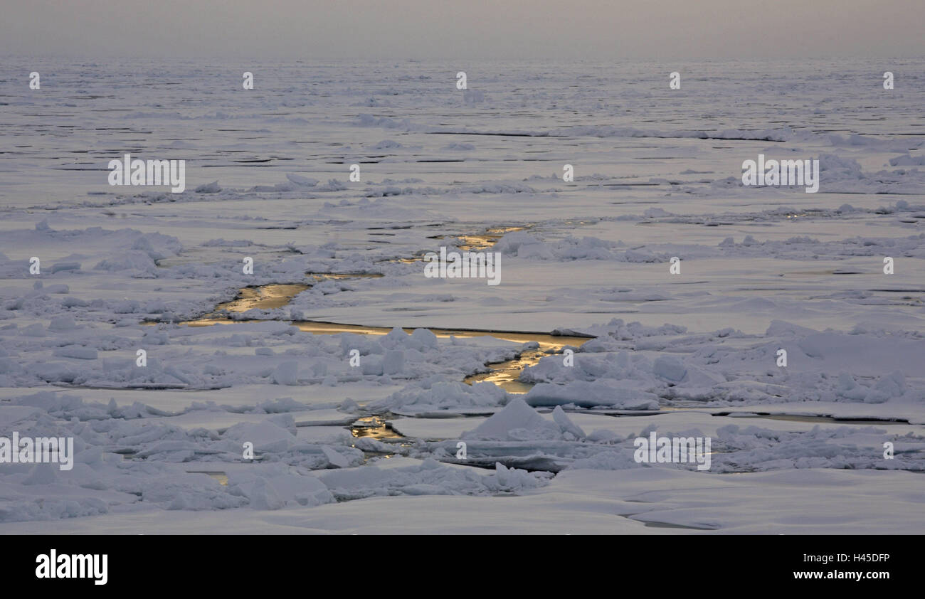 Arctic ocean, pack ice, fissures, evening light, only editorially, Mau ...