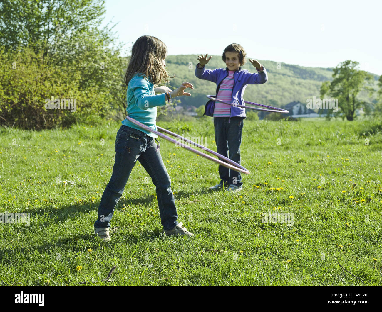 Girls, meadow, hula Hoop, play, model release, sport, motion ...