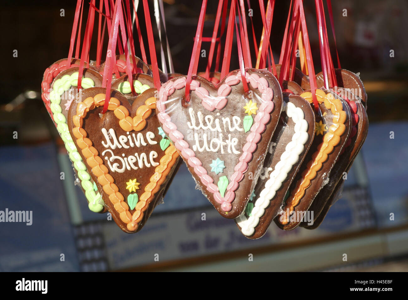 Fairground, candy stand, detail, gingerbread hearts, hanging, Germany ...