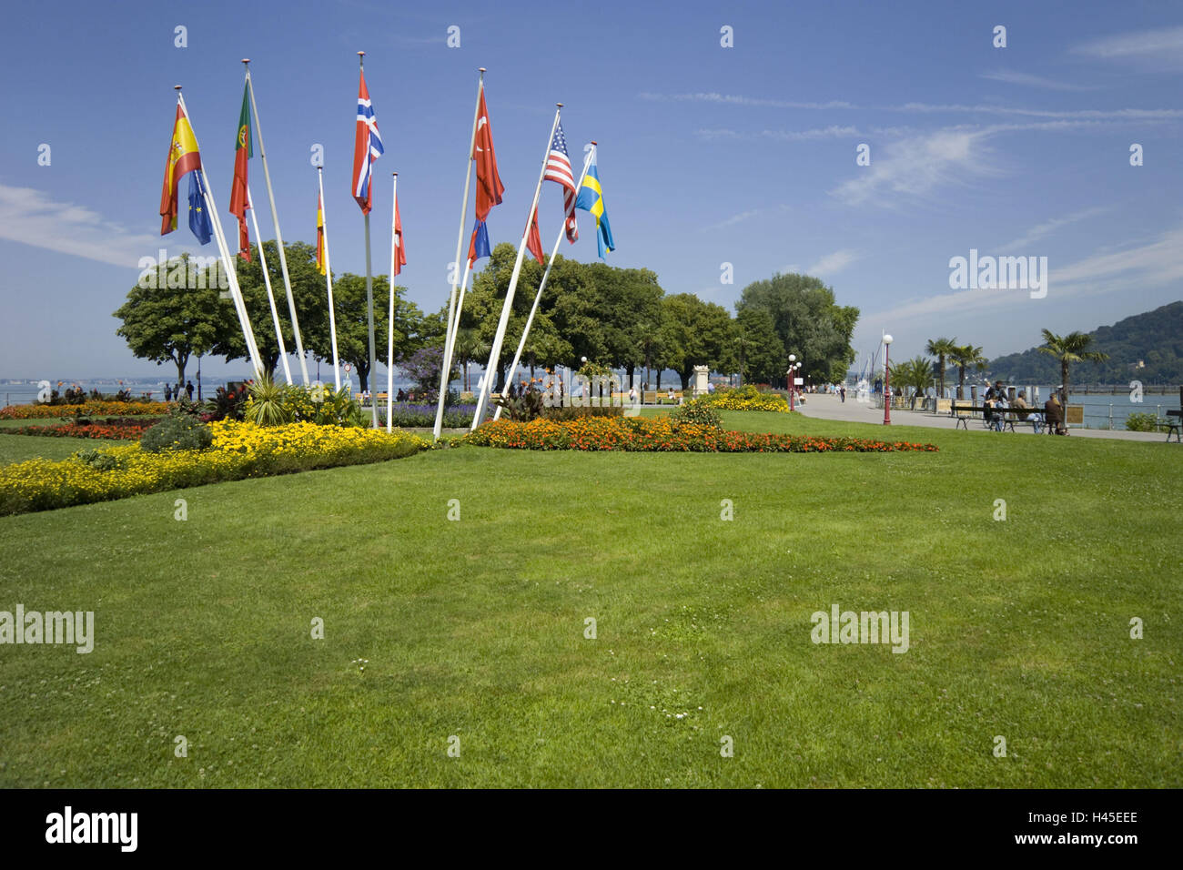 Austria, Bregenz, bank promenade, park, flags Stock Photo - Alamy