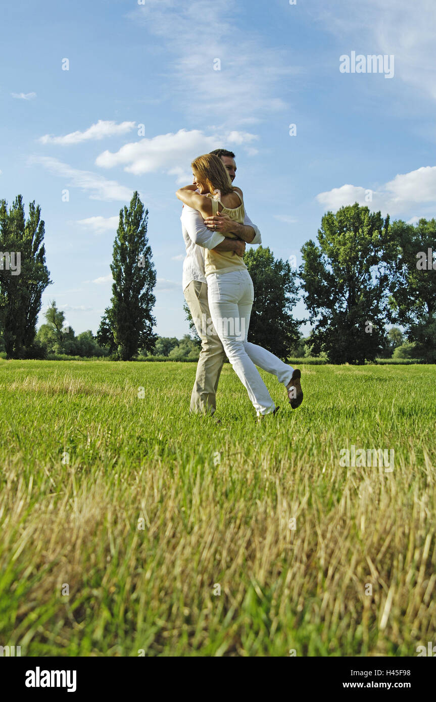 Couple, happy, embrace, meadow, model released, people, partnership ...