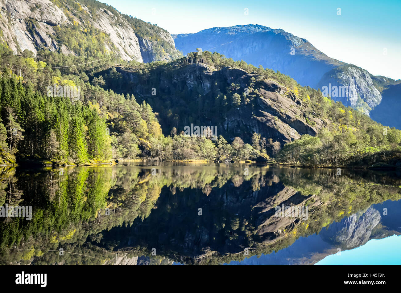 perfect reflection of mountains in norwegian fjord Stock Photo - Alamy