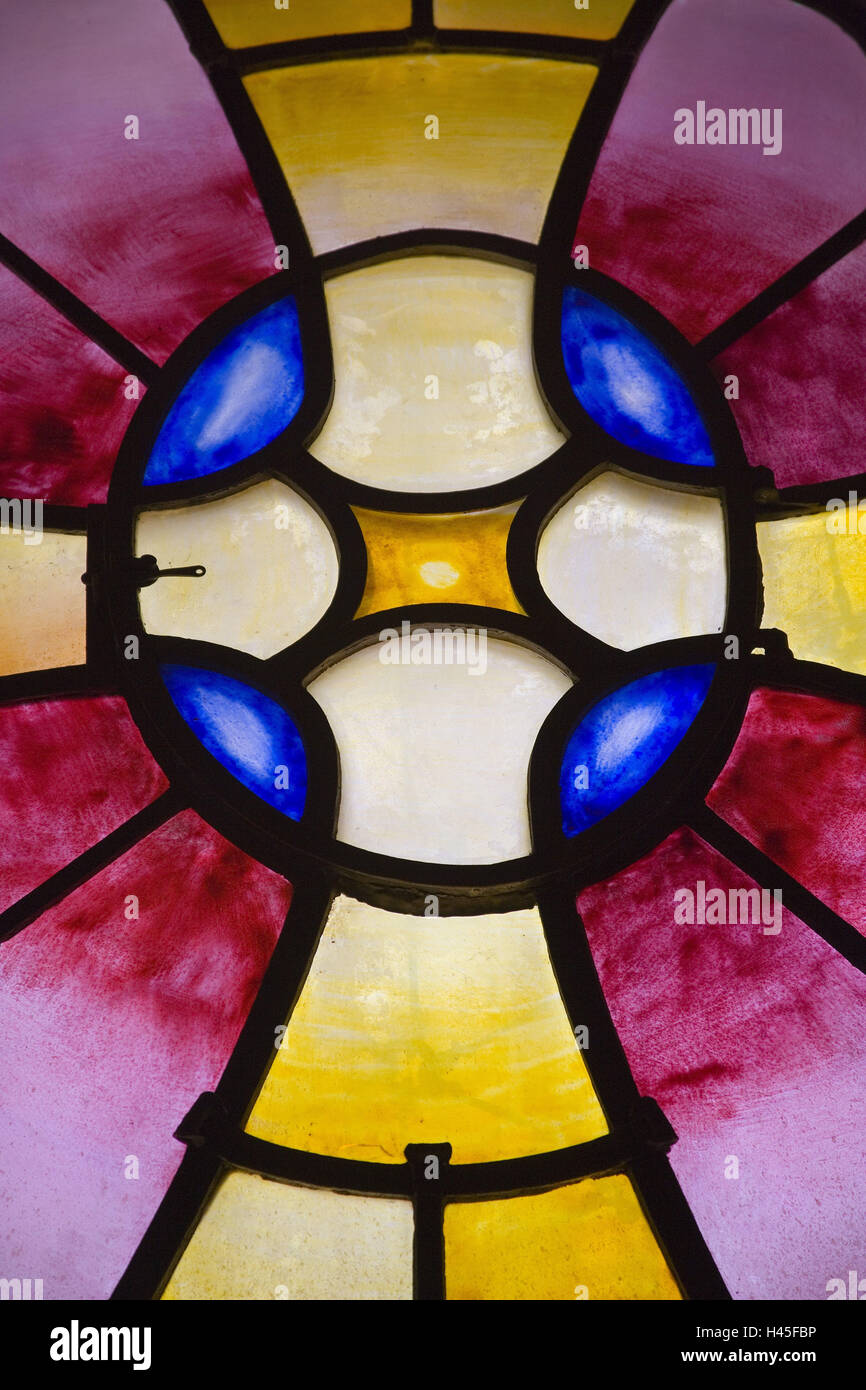 Spain, Santa Coloma de Cervello, crypt, coloured glass window, detail ...