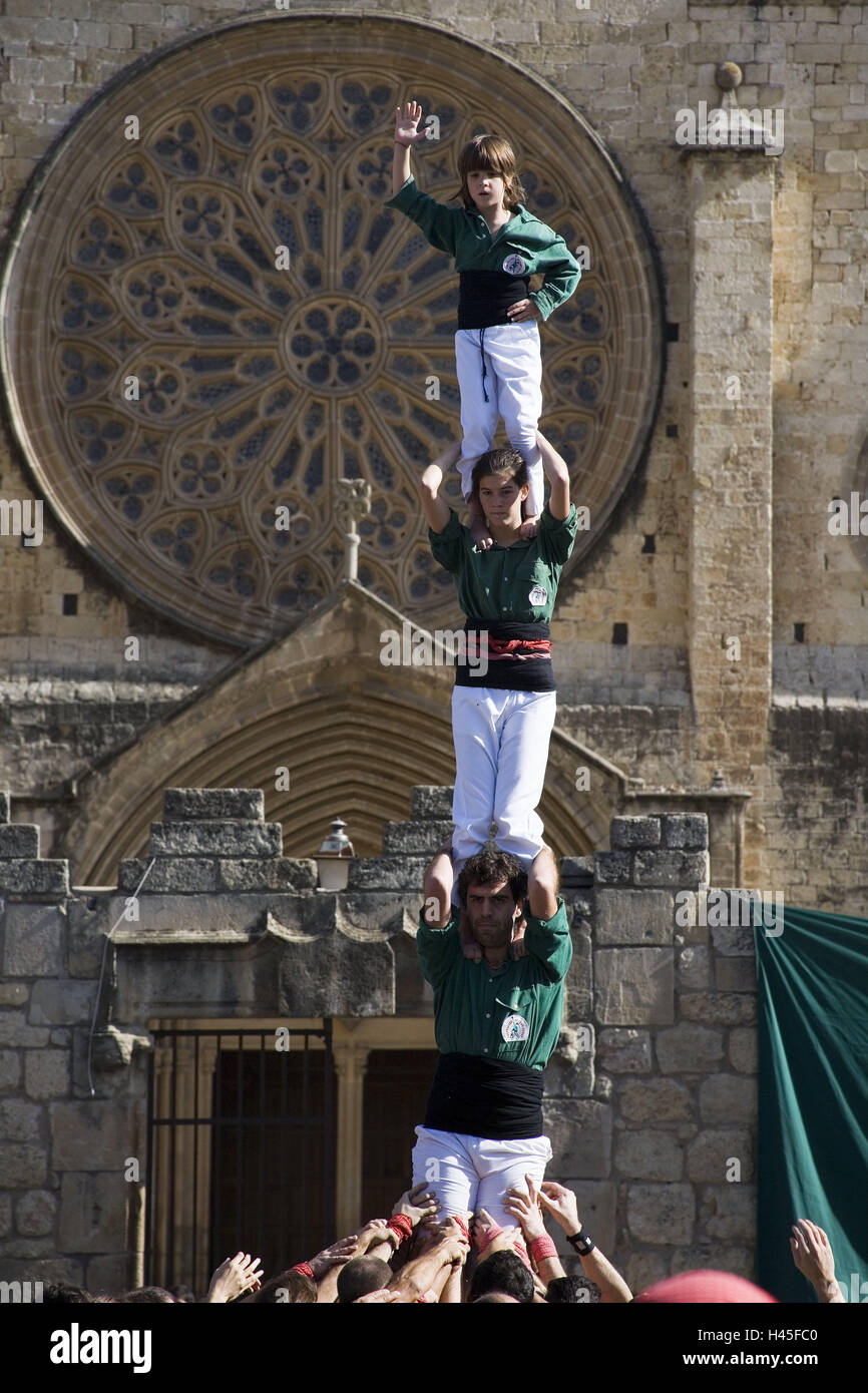 Spain, Sant Cugat del Valles, human tower, no model release, Catalonia ...