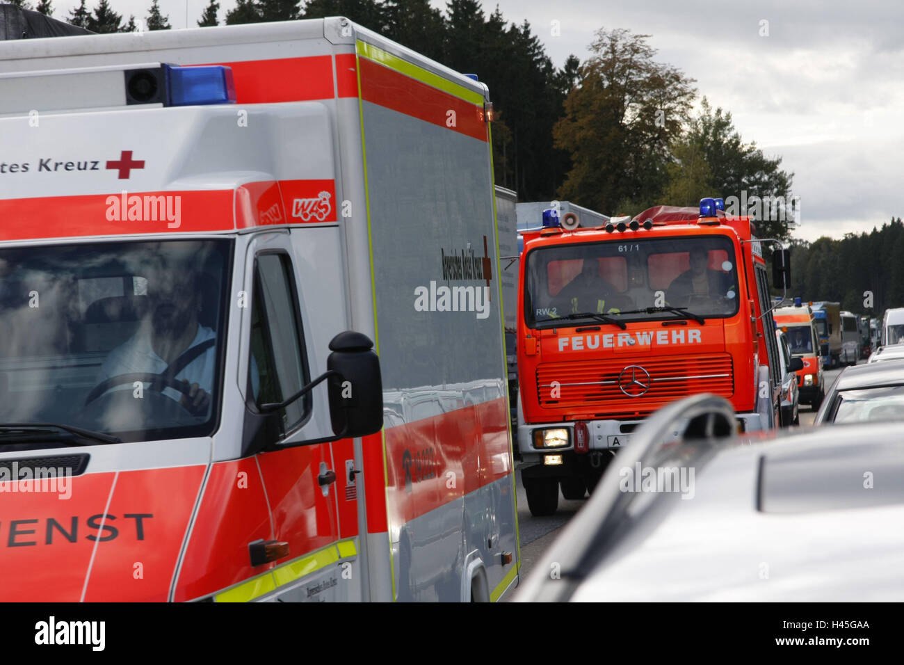 Highway, traffic jam, accident, service vehicles, rescue vehicle ...