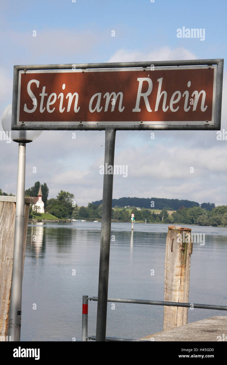 Switzerland, stone on the Rhine, landing stage, sign, town, destination ...