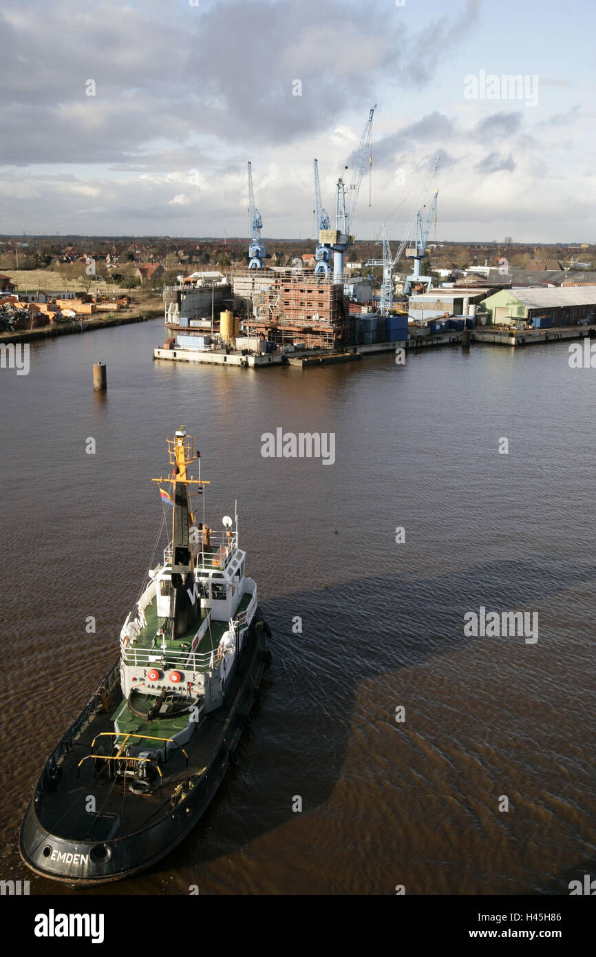 Shipyard, newly constructed ship, tugboat, Emden, Germany Stock Photo ...