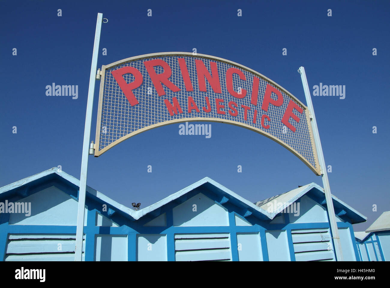 Italy, Emilia-Romagna, Adriatic, Riccione, beach, cabanas, sign Stock ...