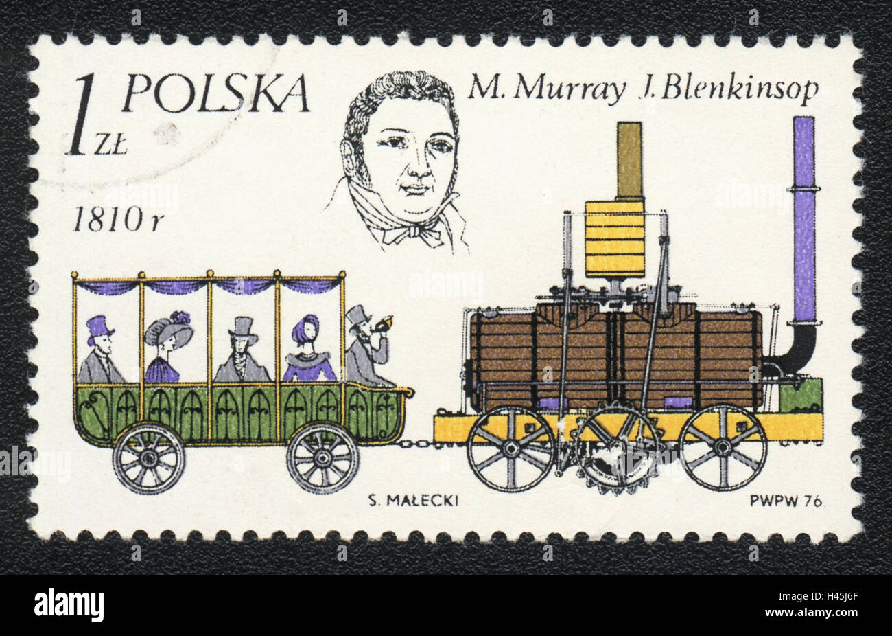 A postage stamp printed in Poland shows Steam locomotive 1810 by John ...