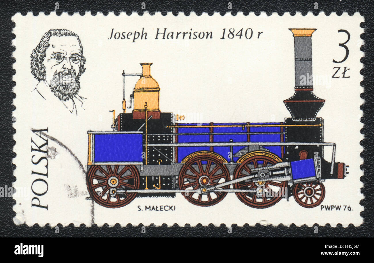 A postage stamp printed in Poland, shows portrait of Joseph Harrison ...