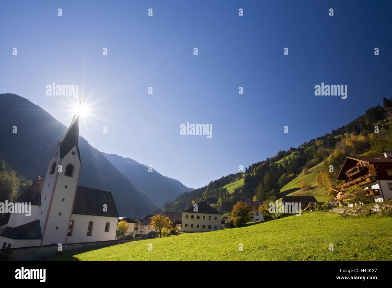 Austria, Tyrol, Osttirol, Defereggental, Hopfgarten, church, back light ...