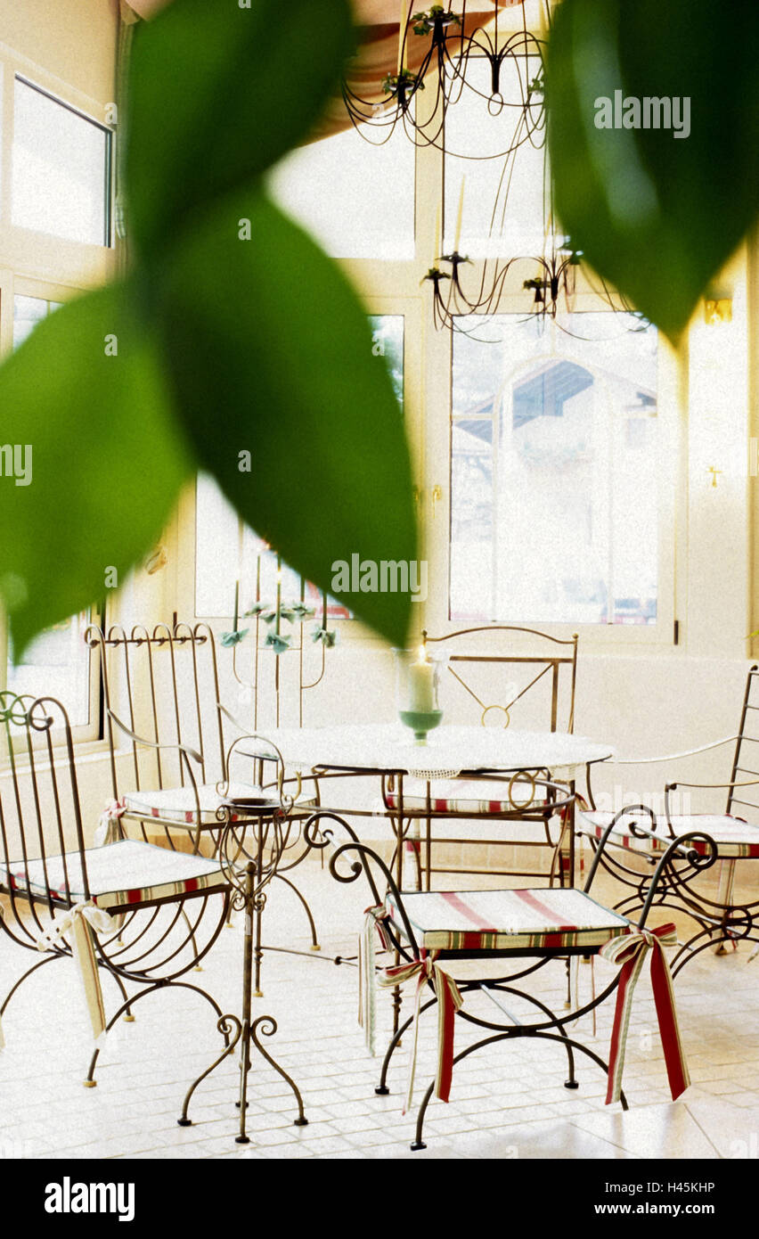Area corner, windows, table, furniture, wrought-iron, mediterran Stock ...