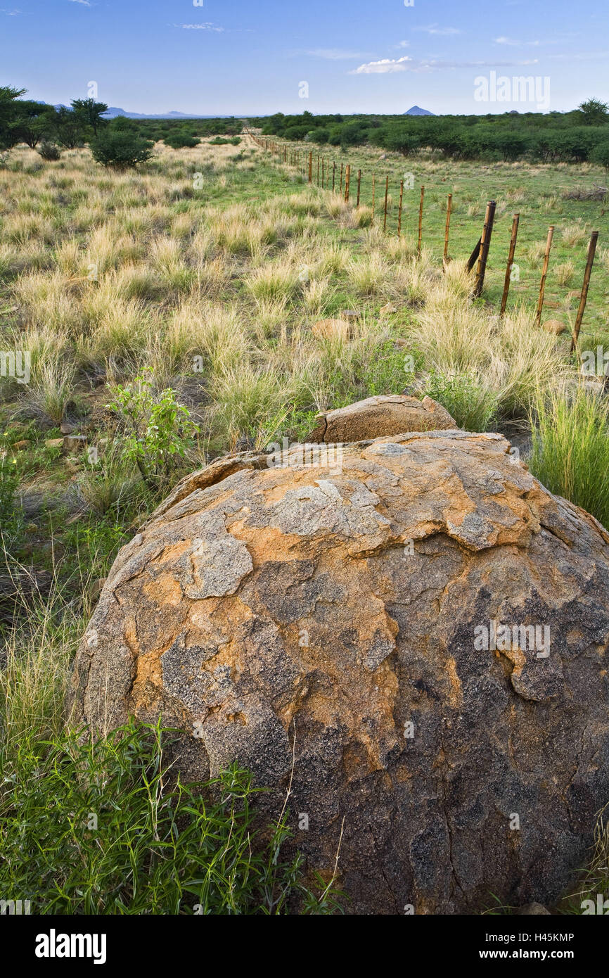 Africa, Namibia, Omaruru, farm country, savanna, rock, fence Stock ...