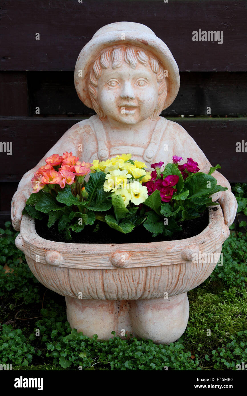 Garden figure, primroses, garden, decoration, figure, planter, flowers ...