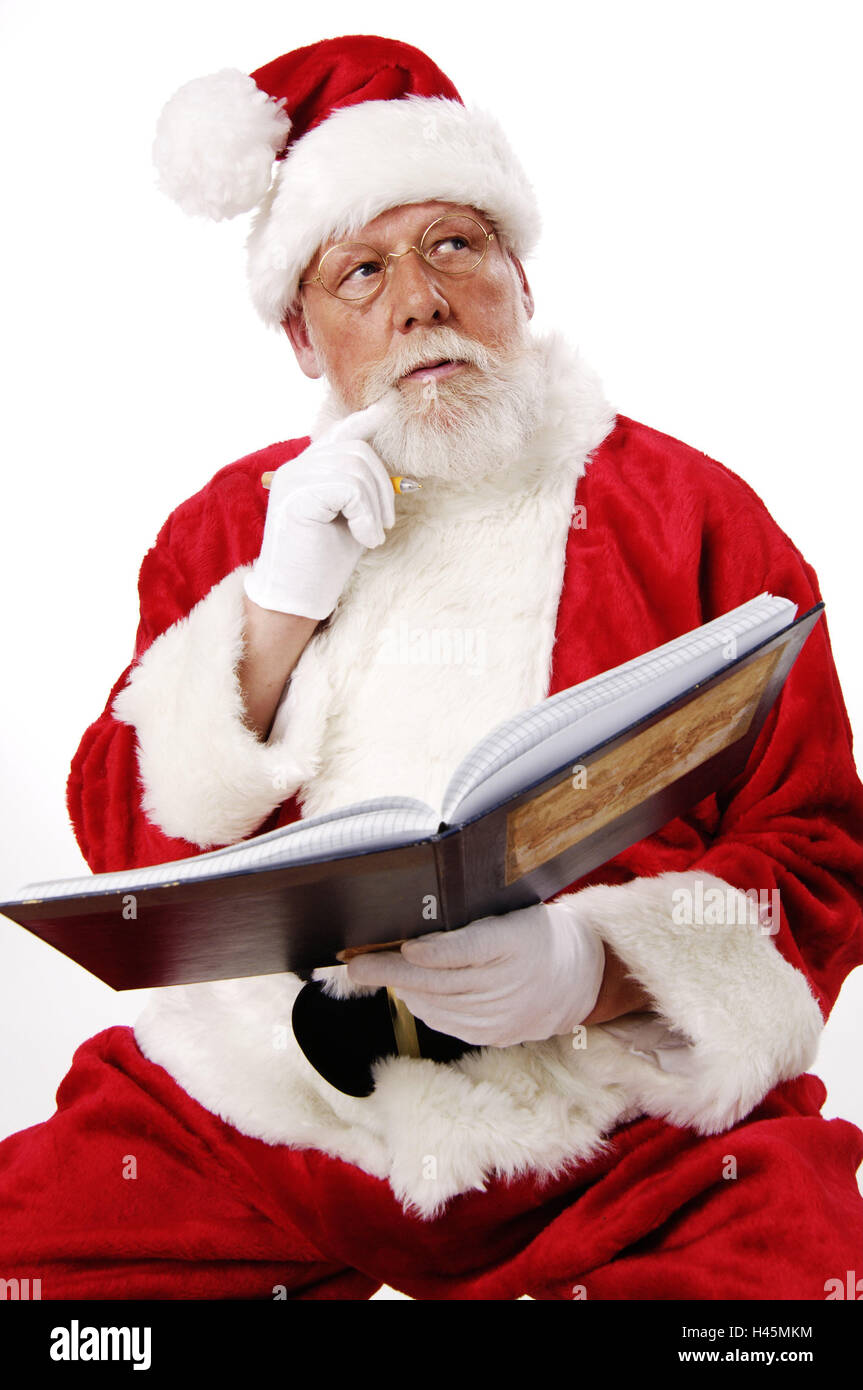 Santa Claus, thoughtful, pen, book, write, notes, half portrait, studio ...