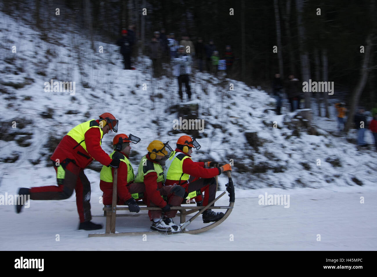 Horn slide races, participants, slide journey, rapidly, side view, no ...