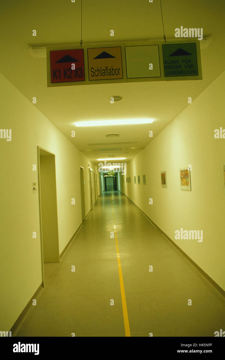 Corridor, hall, hospital, information boards, advice, signs, doors ...