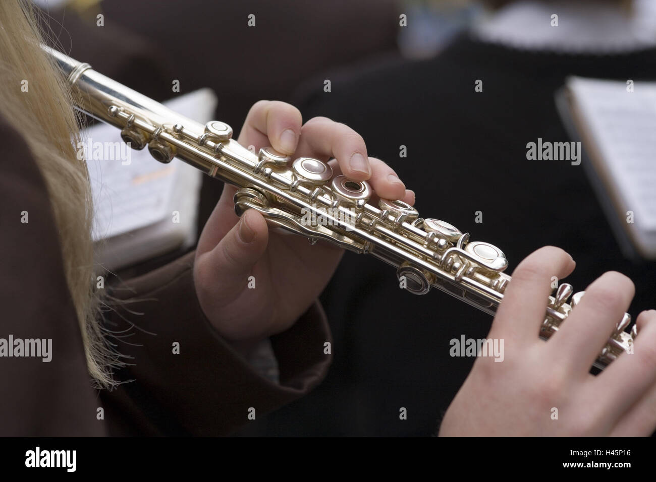 Musician, transverse flute, sheet music, medium close-up, detail Stock ...