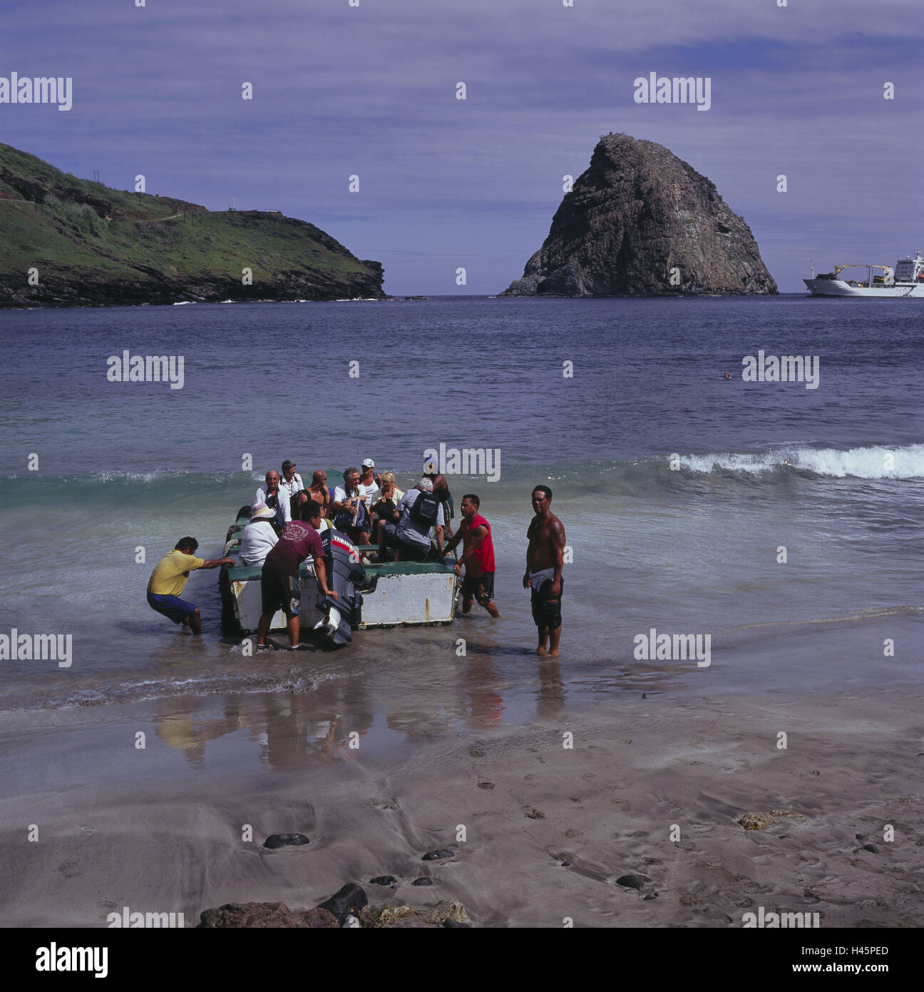 French Polynesia, Ua Huka, Baia Tu Hane, beach, motorboat, tourist ...