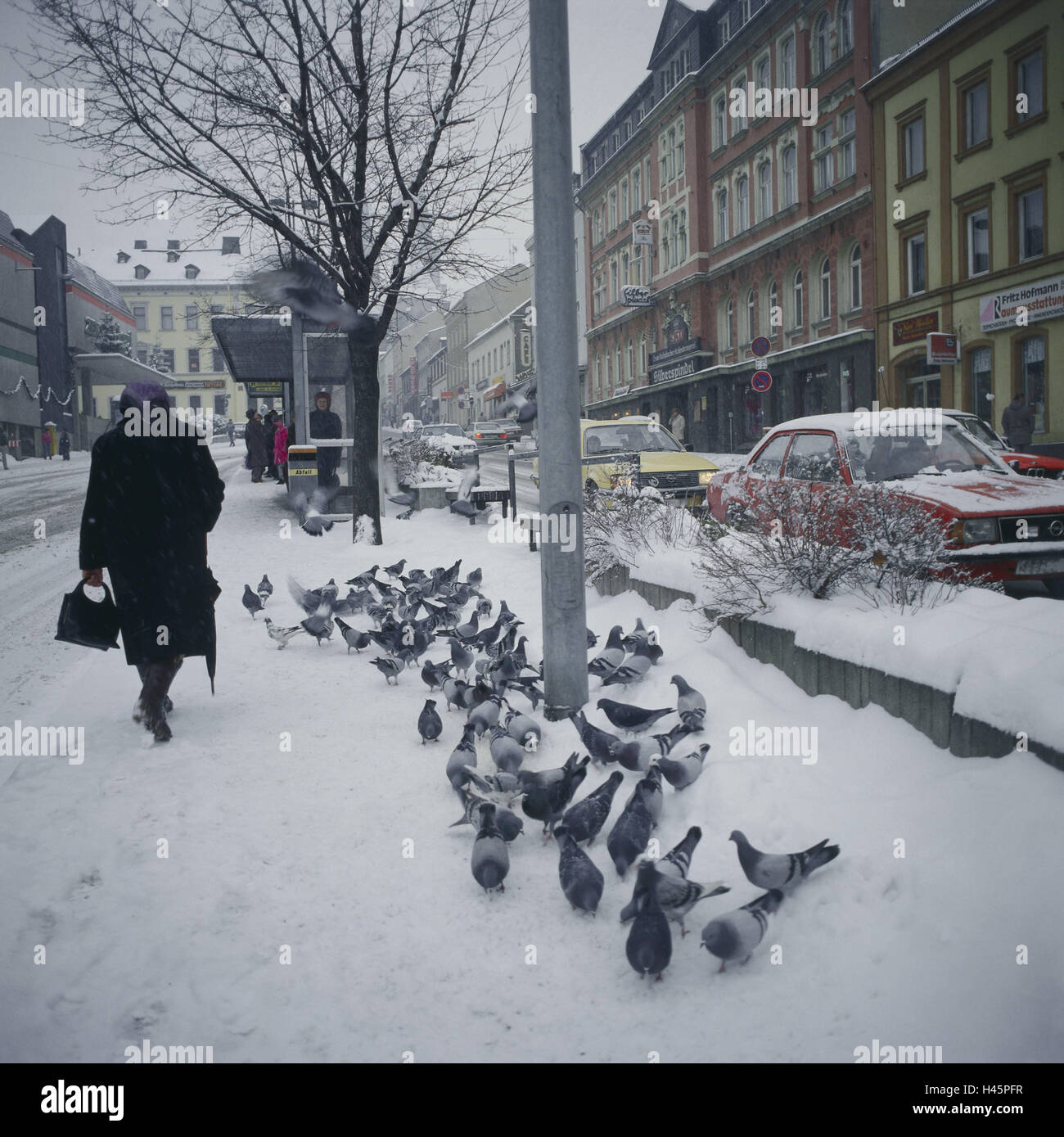 Town, sidewalk, pedestrian, back view, winter, houses, buildings ...
