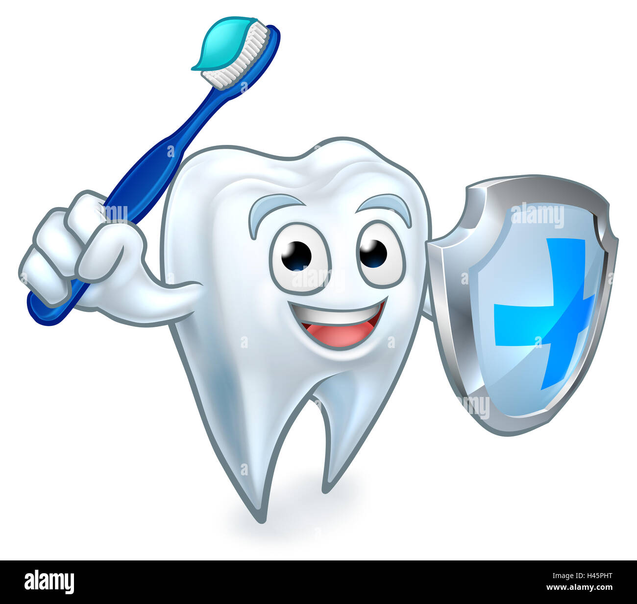 A cartoon cute tooth dental dentists mascot character holding a shield ...